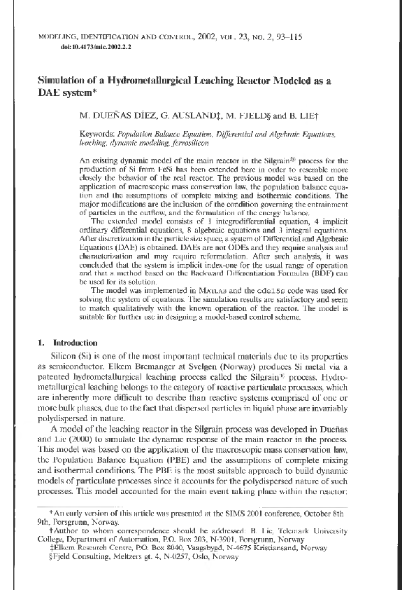 (PDF) Simulation of a Hydrometallurgical Leaching Reactor modeled as a ...