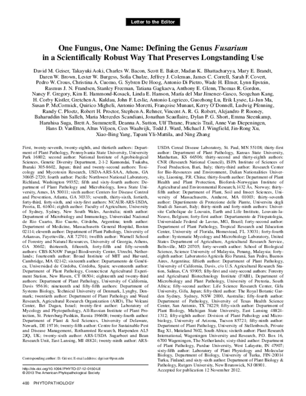 (PDF) One Fungus, One Name: Defining the Genus Fusarium in a ...