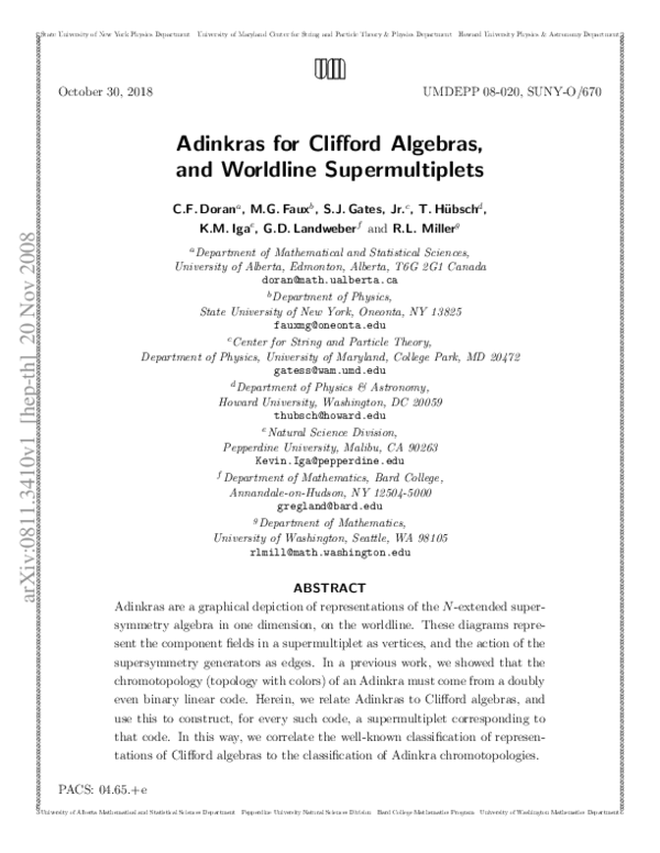 (PDF) Adinkras for Clifford Algebras, and Worldline Supermultiplets