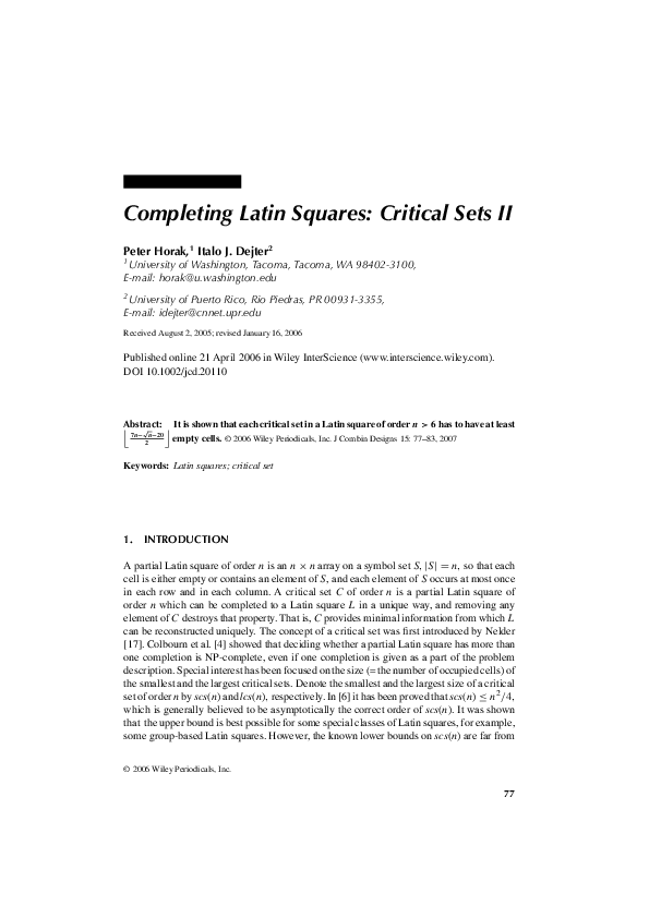 (PDF) Completing Latin squares: Critical sets II