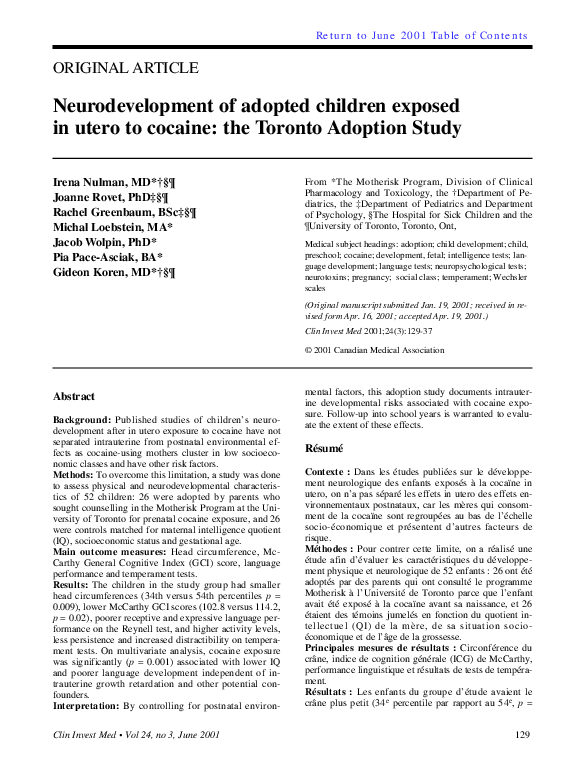 (PDF) Neurodevelopment of adopted children exposed in utero to cocaine: the Toronto Adoption Study