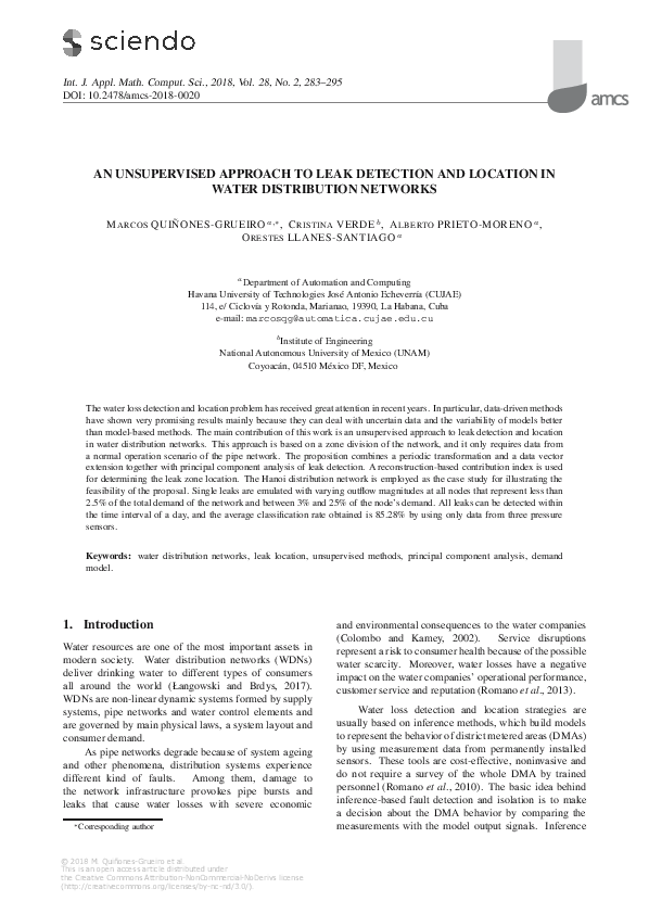 Pdf An Unsupervised Approach To Leak Detection And Location In Water Distribution Networks