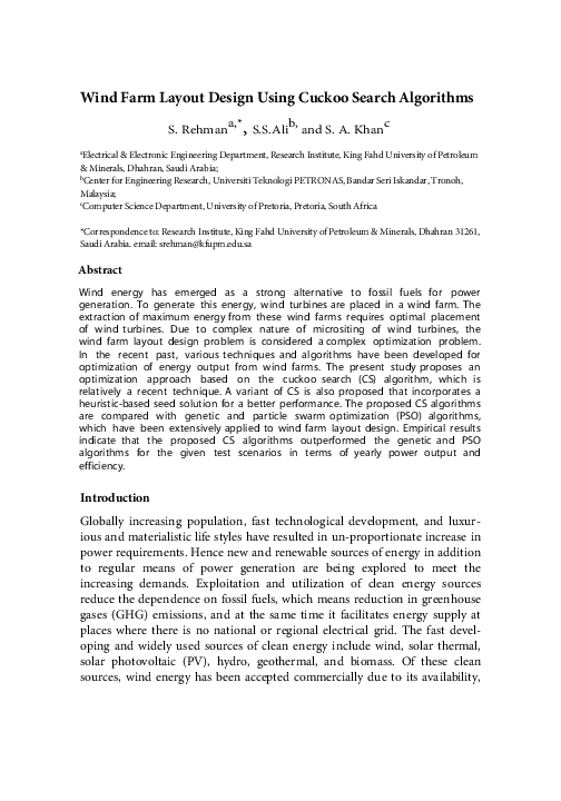 Pdf Wind Farm Layout Design Using Cuckoo Search Algorithm Shafiqur