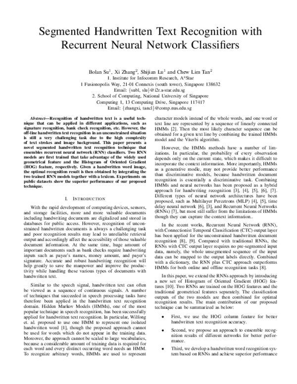 Pdf Segmented Handwritten Text Recognition With Recurrent Neural Network Classifiers