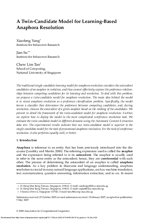 (PDF) A Twin-Candidate Model for Learning-Based Anaphora Resolution