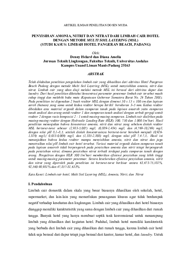 (DOC) Penyisihan Amonia, Nitrit Dan Nitrat Dari Limbah Cair Hotel Dengan Metode Multi Soil ...