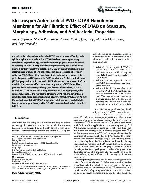 (PDF) Electrospun Antimicrobial PVDF‐DTAB Nanofibrous Membrane for Air ...