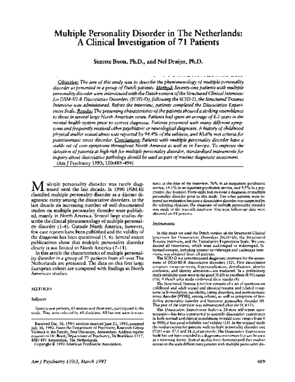 (PDF) Multiple Personality Disorder in The Netherlands. A study on ...