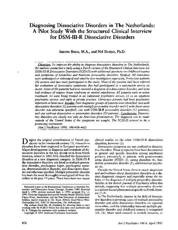 (PDF) Diagnosing dissociative disorders in The Netherlands: a pilot study with the Structured ...