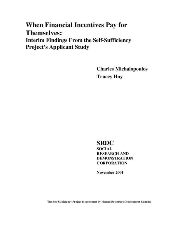 (PDF) When Financial Incentives Pay for Themselves: Early Findings from the Self-Sufficiency ...