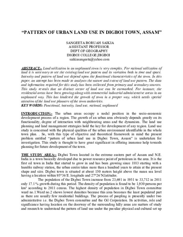 (DOC) "PATTERN OF URBAN LAND USE IN DIGBOI TOWN, ASSAM"