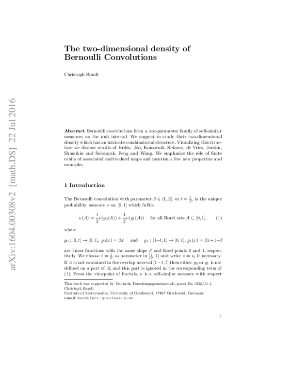 (PDF) The Two-Dimensional Density of Bernoulli Convolutions