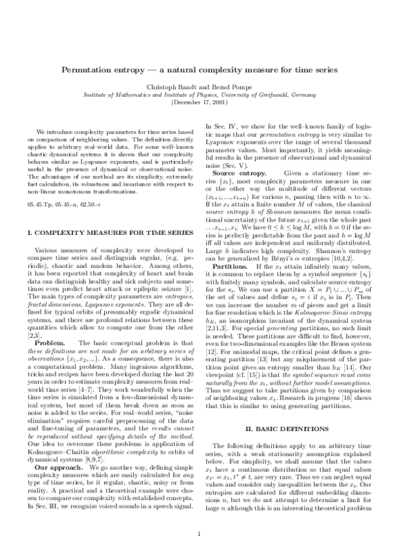 (PDF) Permutation Entropy: A Natural Complexity Measure for Time Series (PDF) Permutation Entropy: A Natural Complexity Measure for Time Series