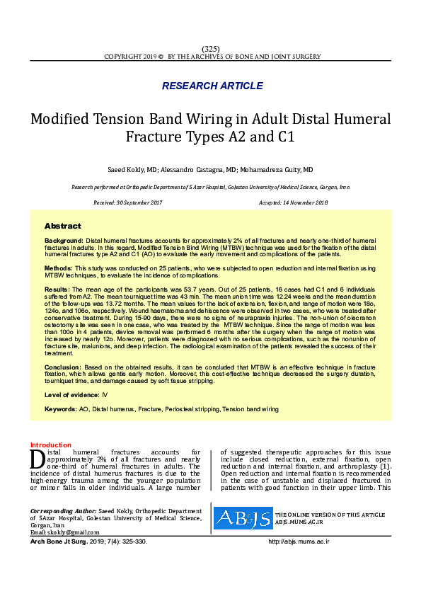 (PDF) Modified Tension Band Wiring in Adult Distal Humeral Fracture ...