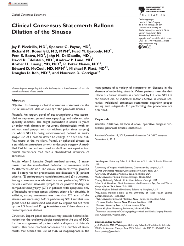 (PDF) Clinical Consensus Statement: Balloon Dilation of the Sinuses