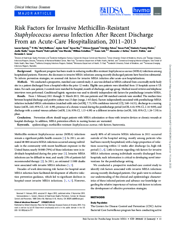 (PDF) Risk Factors for Invasive Methicillin-resistant Staphylococcus aureus Infection after ...