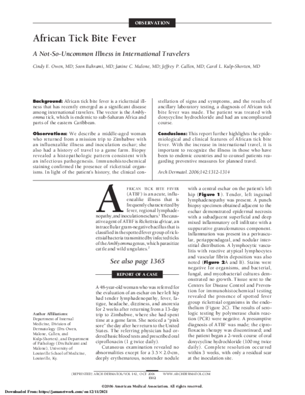 (PDF) African Tick Bite Fever | Carol Kulp-Shorten - Academia.edu