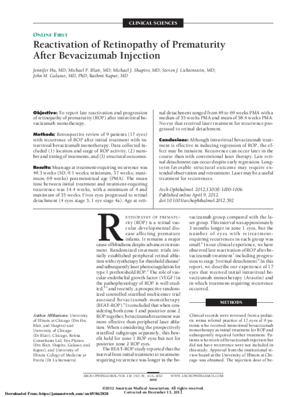 (PDF) Reactivation of Retinopathy of Prematurity After Bevacizumab ...