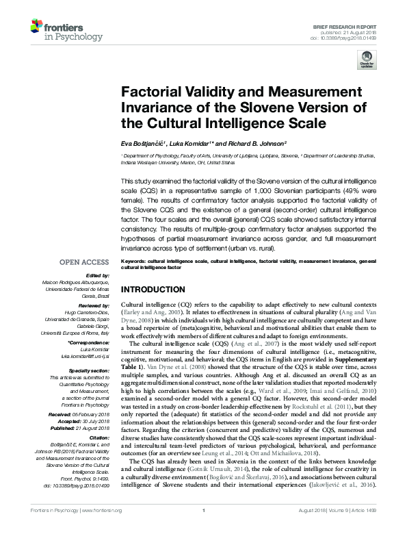 (PDF) Factorial Validity and Measurement Invariance of the Slovene Version of the Cultural ...
