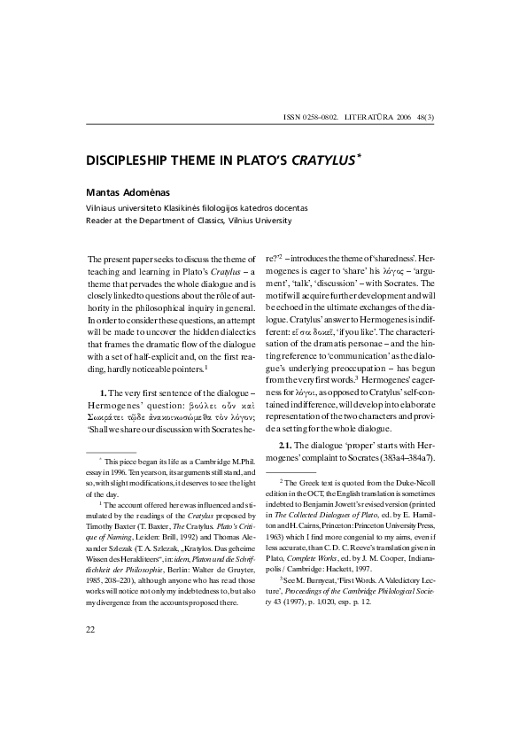 (PDF) Mokinystės tema Platono Kratile