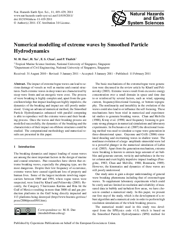 (PDF) Numerical modelling of extreme waves by Smoothed Particle Hydrodynamics