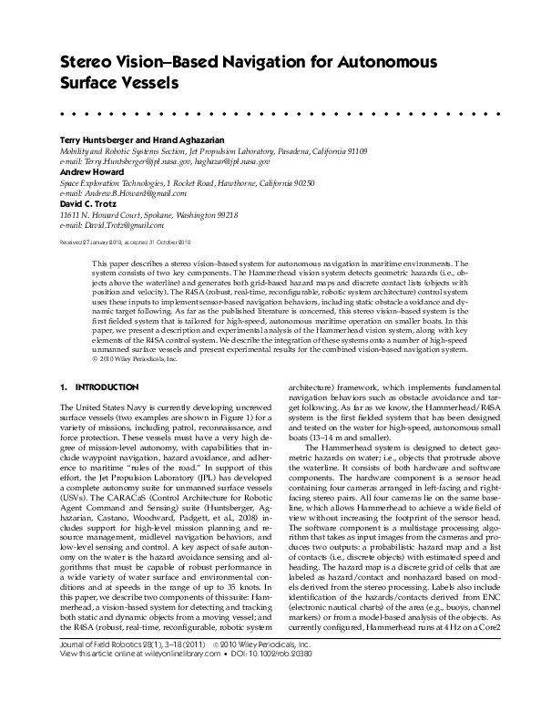(PDF) Stereo vision–based navigation for autonomous surface vessels