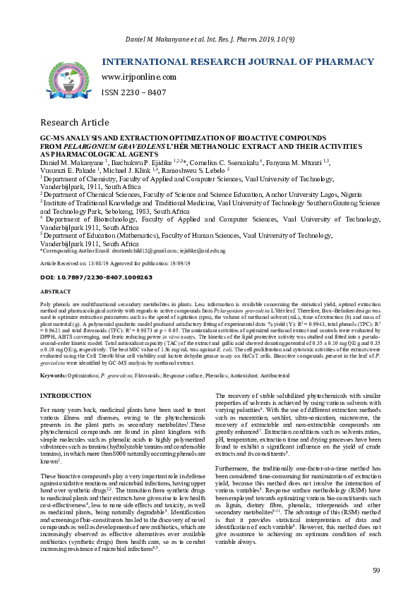 Pdf Gc Ms Analysis And Extraction Optimization Of Bioactive Compounds