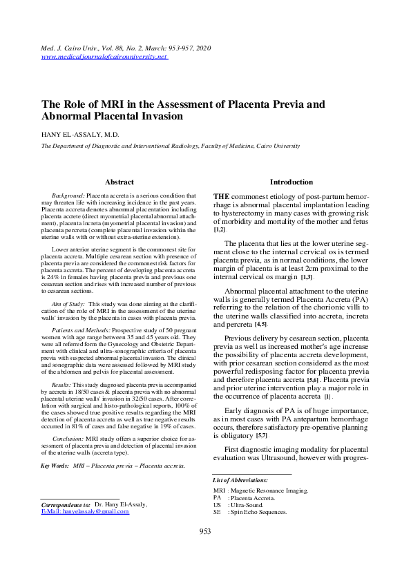 (PDF) The Role of MRI in the Assessment of Placenta Previa and Abnormal Placental Invasion