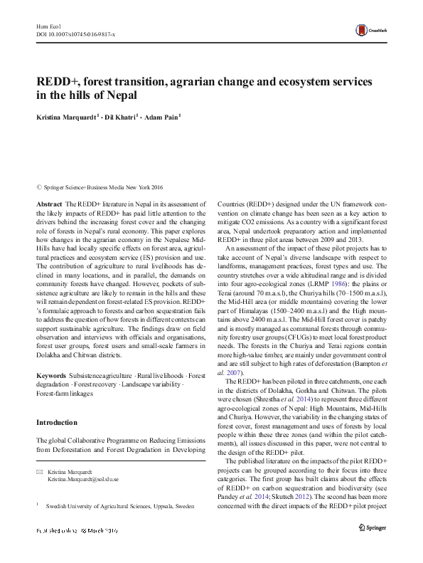 (PDF) REDD+, forest transition, agrarian change and ecosystem services ...