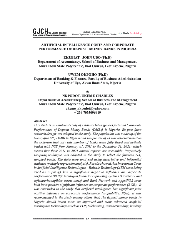 (PDF) Artificial Intelligence Costs and Corporate Performance of Deposit Money Banks in Nigeria