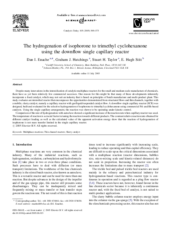 (PDF) The hydrogenation of isophorone to trimethyl cyclohexanone using ...