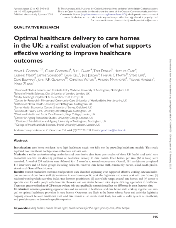 (PDF) Optimal healthcare delivery to care homes in the UK: a realist ...