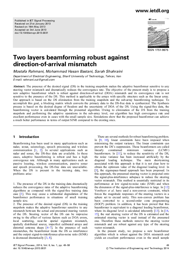 (PDF) Two layers beamforming robust against direction‐of‐arrival mismatch