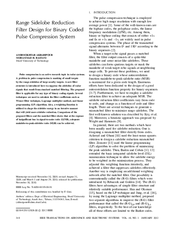 (PDF) Range Sidelobe Reduction Filter Design for Binary Coded Pulse Compression System
