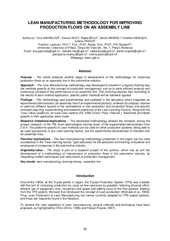 (PDF) Lean Manufacturing Methodology for Improving Production Flows on an Assembly Line