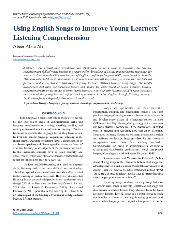 (PDF) Using English Songs to Improve Young Learners` Listening ...