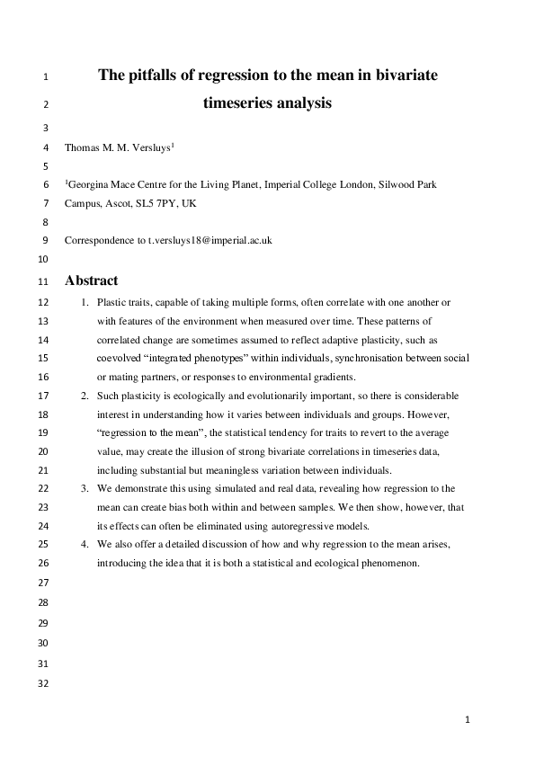 Pdf The Pitfalls Of Regression To The Mean In Bivariate Timeseries Analysis 