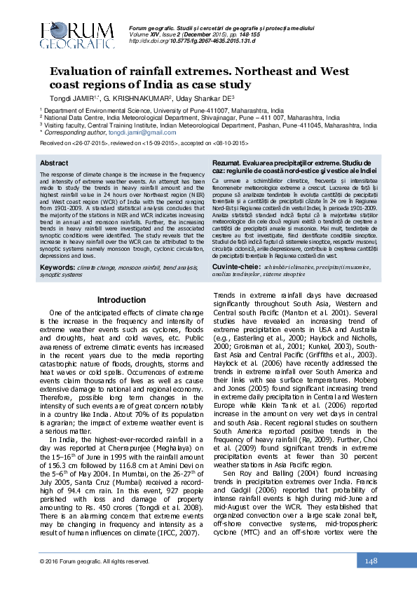 (PDF) Evaluation of rainfall extremes. Northeast and West coast regions ...