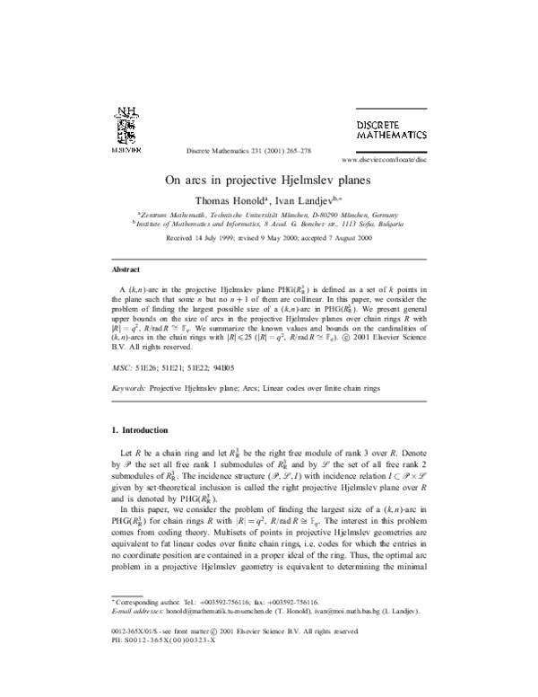 (PDF) On arcs in projective Hjelmslev planes