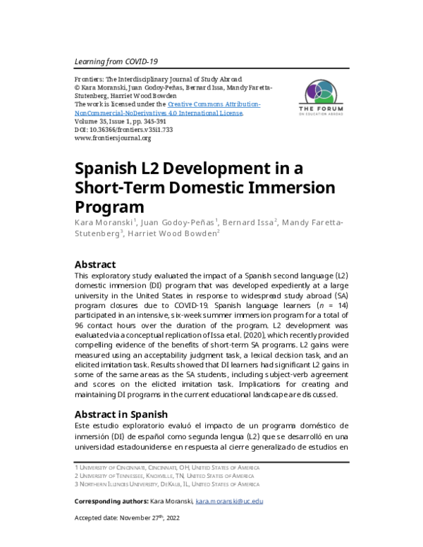 (PDF) Spanish L2 Development in a Short-Term Domestic Immersion Program