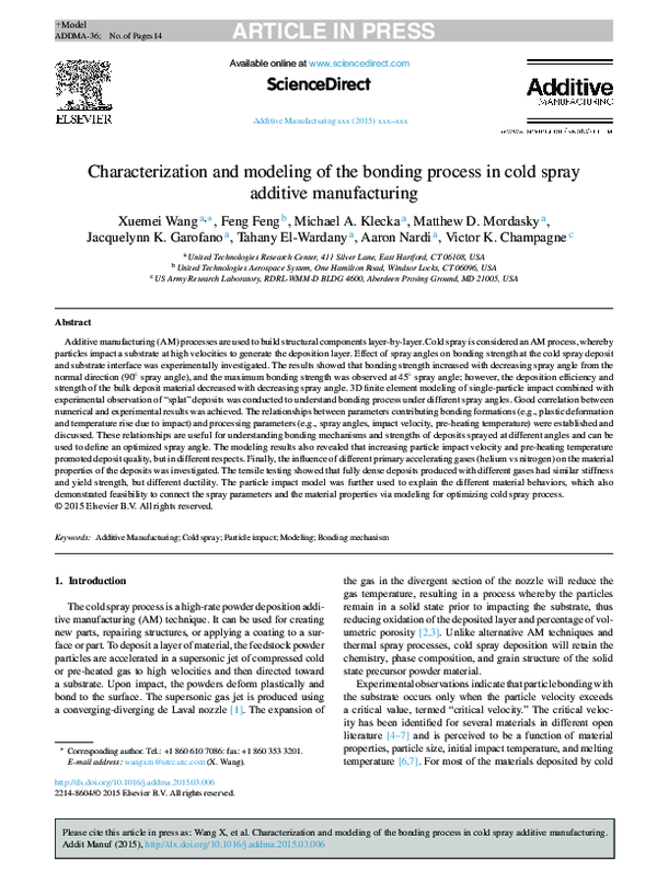 (PDF) Characterization and modeling of the bonding process in cold spray additive manufacturing