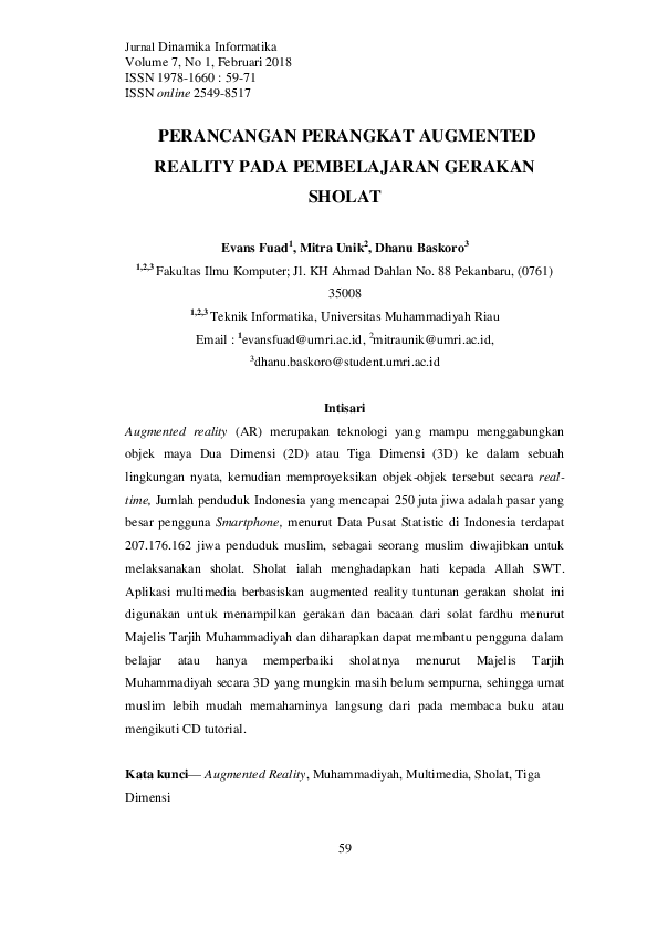 (PDF) Perancangan Perangkat Augmented Reality Pada Pembelajaran Gerakan ...