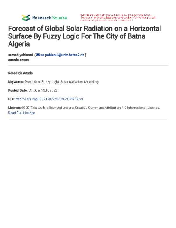 (PDF) Forecast of Global Solar Radiation on a Horizontal Surface By ...