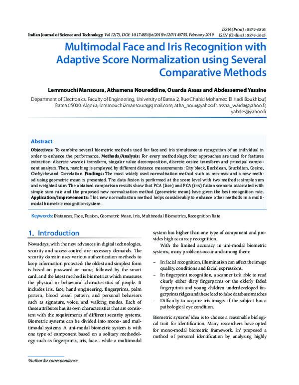 (PDF) Multimodal Face and Iris Recognition with Adaptive Score Normalization Using Several ...