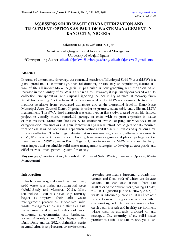 (PDF) ASSESSING SOLID WASTE CHARACTERIZATION AND TREATMENT OPTIONS AS ...
