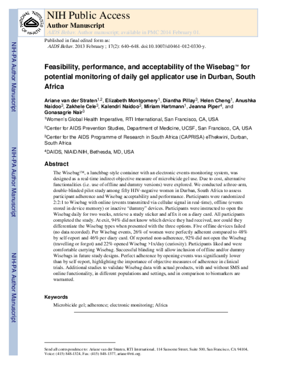 (PDF) Feasibility, Performance, and Acceptability of the Wisebag™ for ...