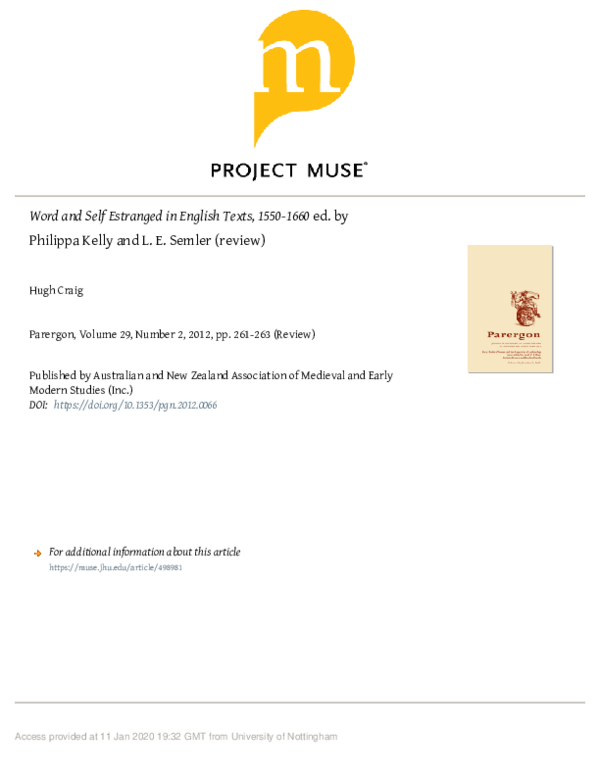 (PDF) Word and Self Estranged in English Texts, 1550-1660 ed. by ...