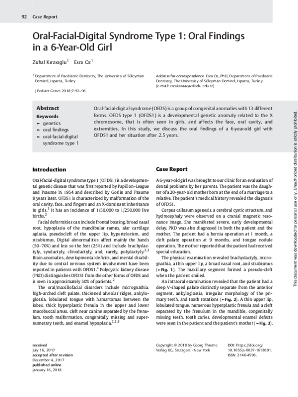 (PDF) Oral-Facial-Digital Syndrome Type 1: Oral Findings in a 6-Year ...
