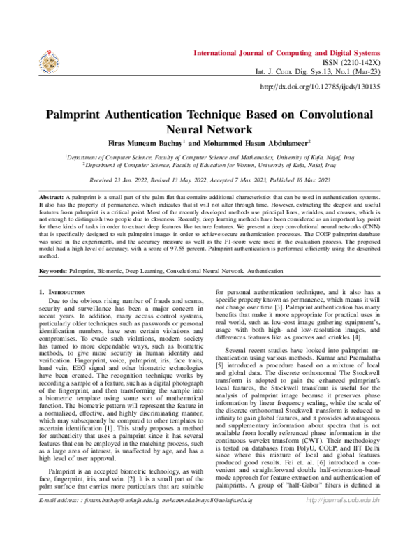 (PDF) Palmprint Authentication Technique Based on Convolutional Neural Network