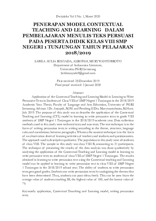 (PDF) Penerapan Model Contextual Teaching and Learning Dalam Pembelajaran Menulis Teks Persuasi ...
